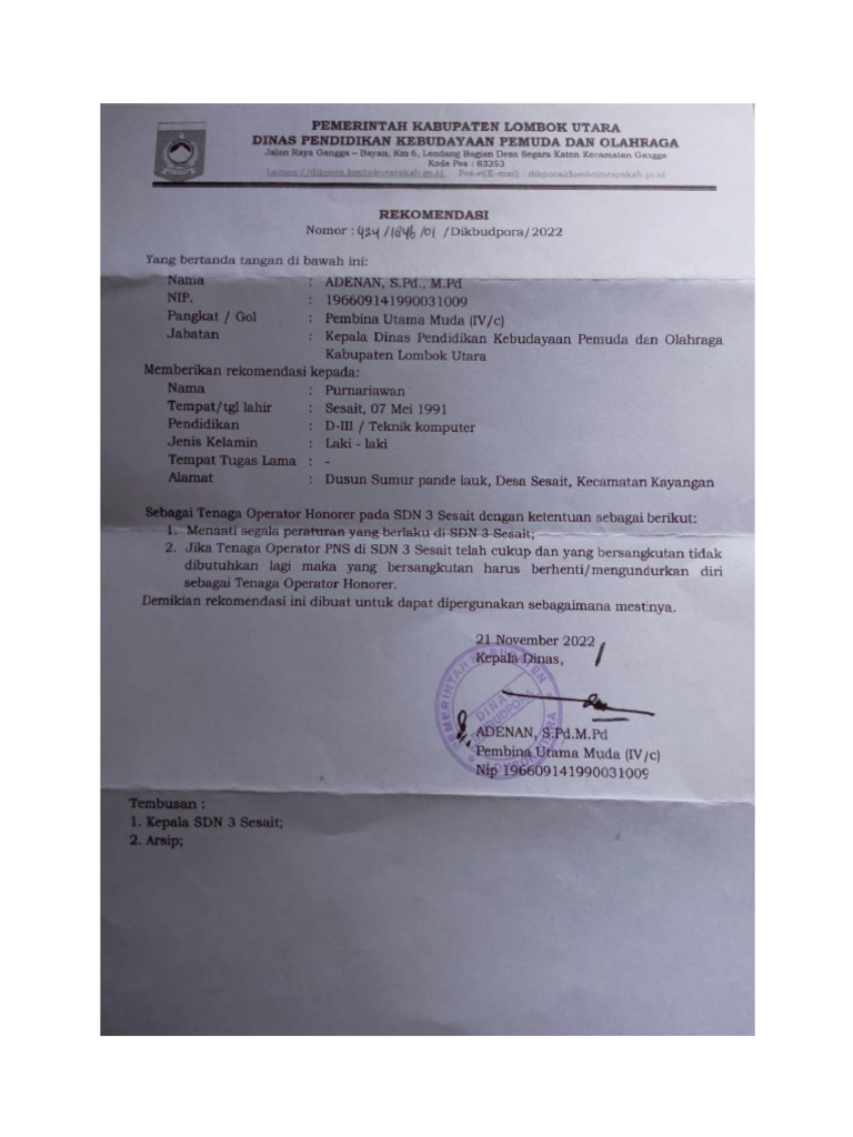 Purnariawan, Rekomendasi, SK OPS Dan SK Pembagian Tugas | PDF