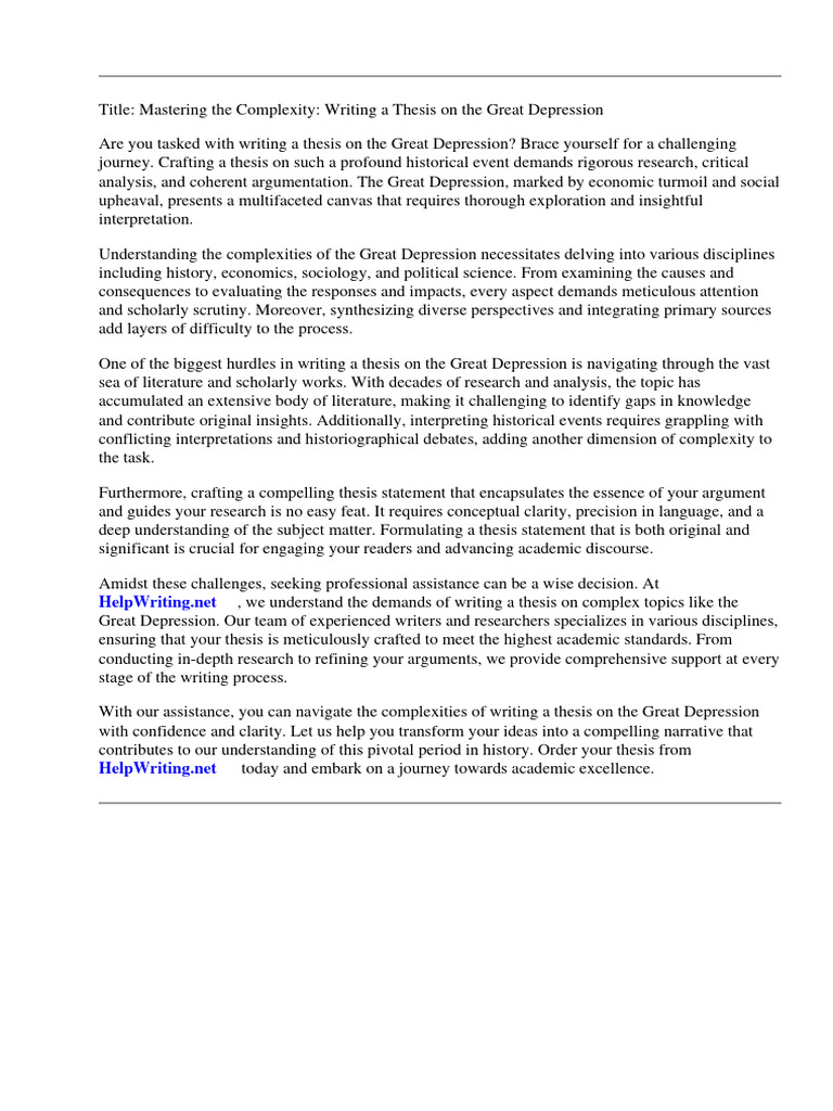 Thesis For Great Depression Essay | PDF | Great Depression | New Deal