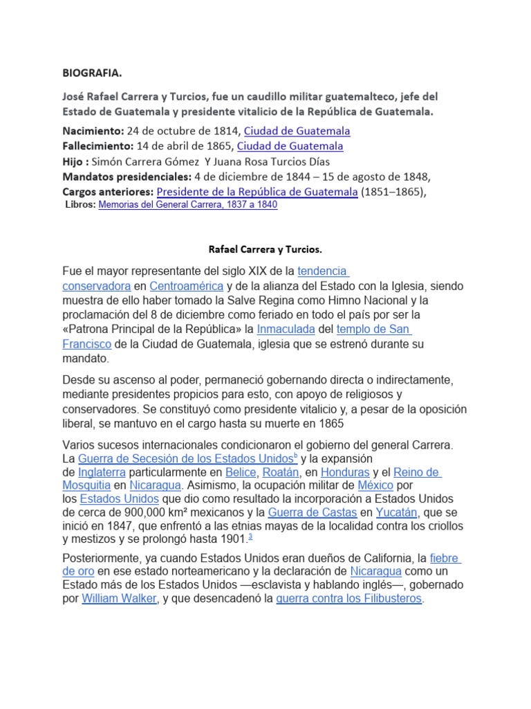 BIOGRAFIA de Rafael Carrera y Turcio - 070122 | PDF | Guatemala