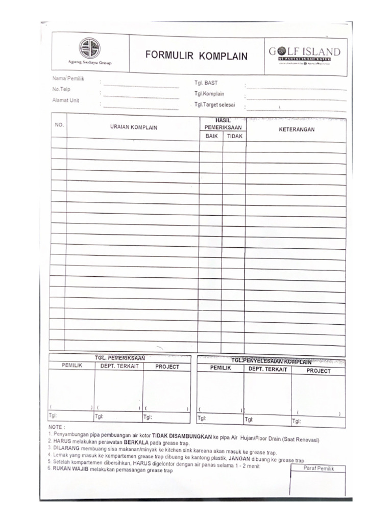 Formulir Komplain | PDF