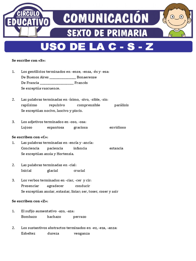 Ejercicios de uso de C, S y Z para Primaria | PDF | Morfología ...