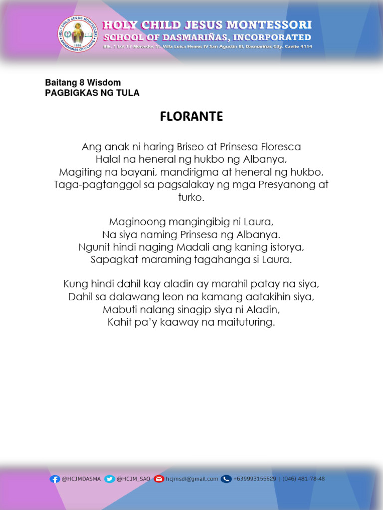 Baitang 8 Wisdom (PIYESA SA PAGBIGKAS NG TULA) | PDF