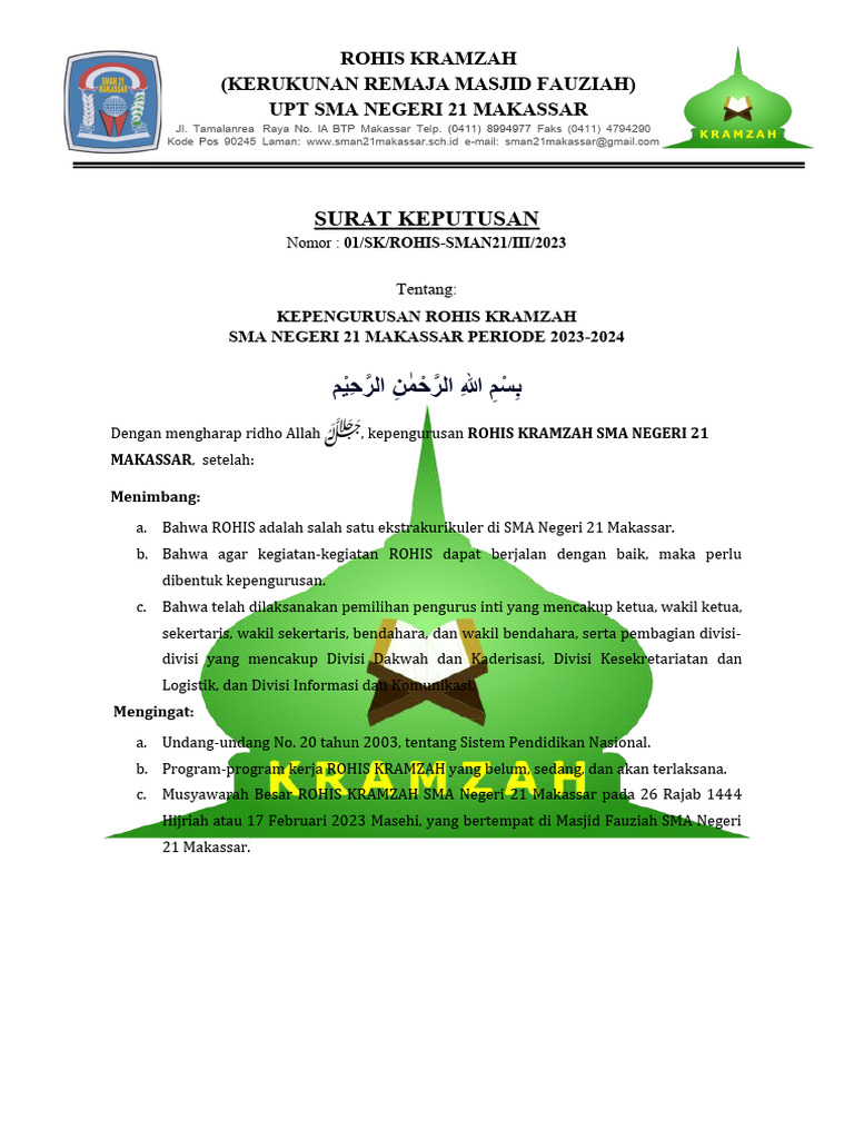 Contoh SK Kepengurusan Rohis | PDF