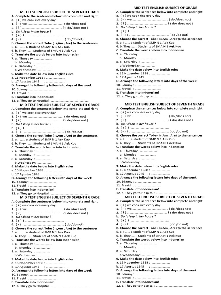 Seventh Grade English Mid Test | PDF | Linguistics