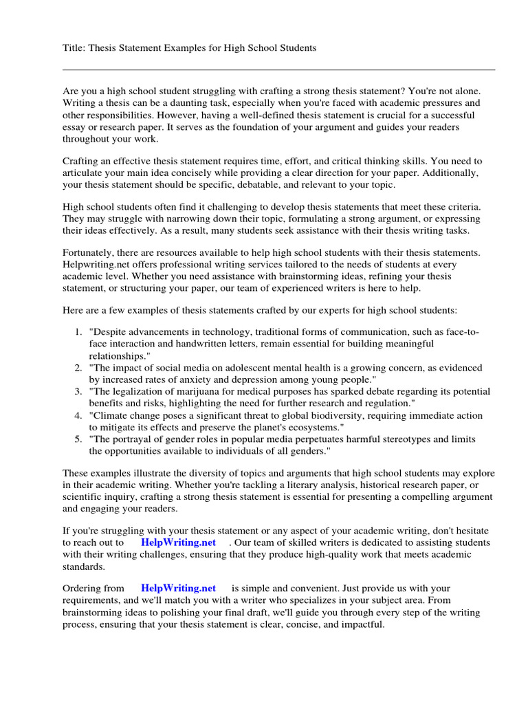 Thesis Statement Examples High School Students | PDF | Essays | Thesis