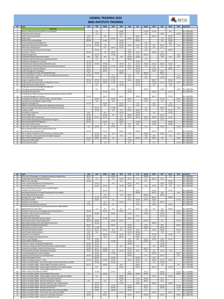 Schedule Training BMG Institute Training 2024 | PDF | Business