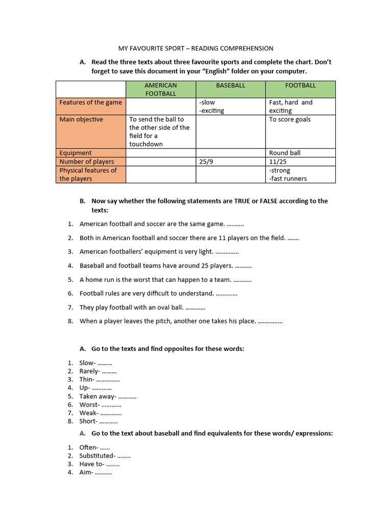 Reading Comprehension My Favourite Sport | PDF