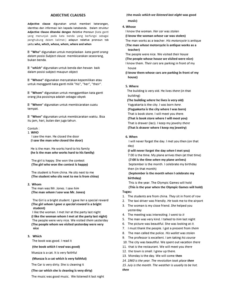 ADJECTIVE CLAUSES Handout | PDF | Linguistic Morphology | Grammar