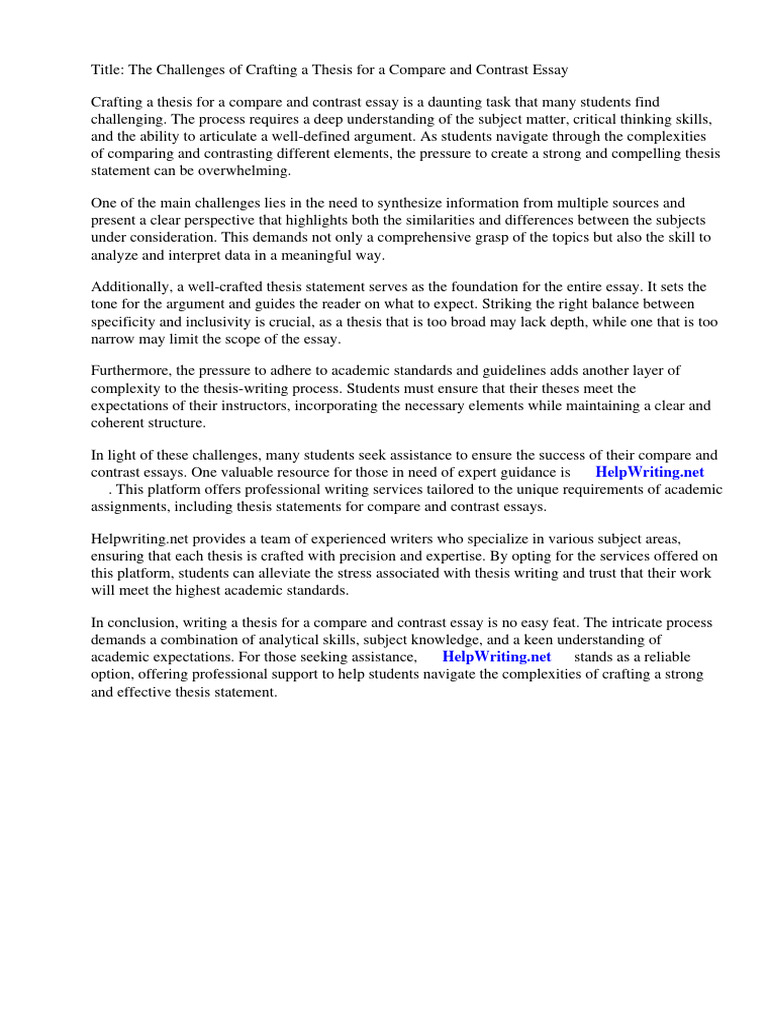 Thesis For A Compare and Contrast Essay Example | PDF
