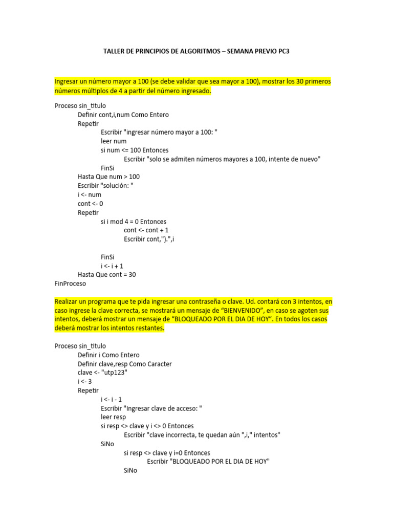 Taller de Algoritmos y Ejercicios | PDF | Informática | Matemáticas Aplicadas