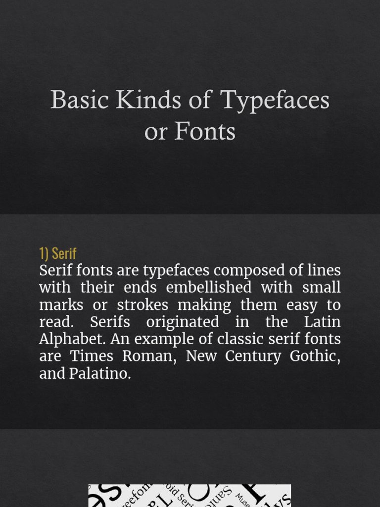 Basic Kinds of Typefaces or Fonts | PDF | Typefaces | Serif
