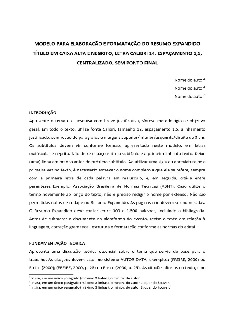 Modelo de Resumo Expandido e Artigo | Download grátis PDF | Citação ...
