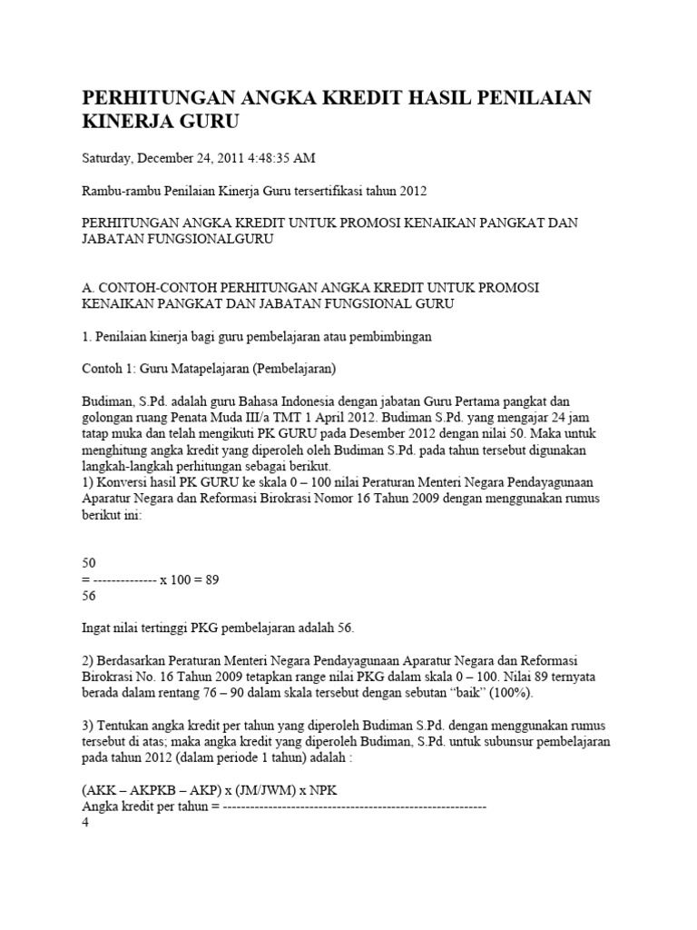 PERHITUNGAN ANGKA KREDIT HASIL PENILAIAN KINERJA GURU CNTH | PDF