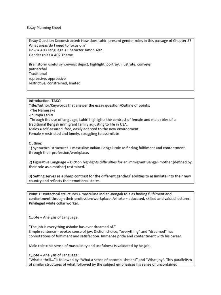 Essay Planning Sheet | PDF | Gender | Gender Studies