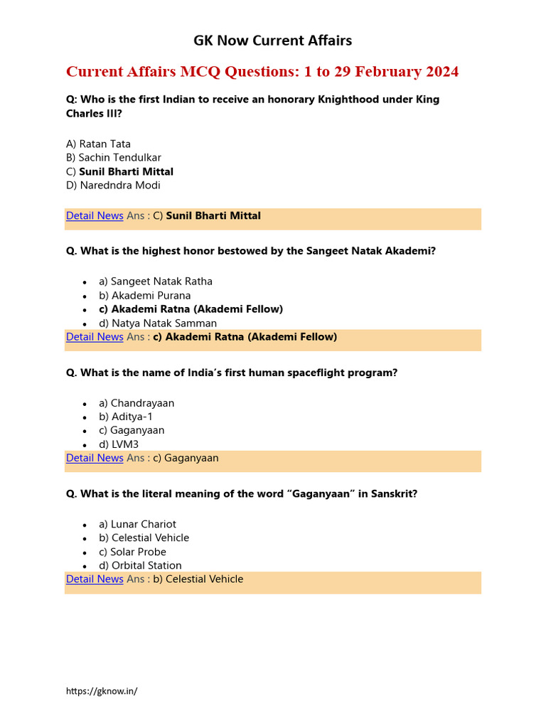 February 2024 Current Affairs MCQs | PDF | Foreign Direct Investment