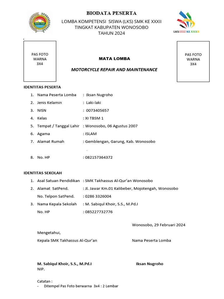 Biodata Peserta Dan Pendamping Lks | PDF