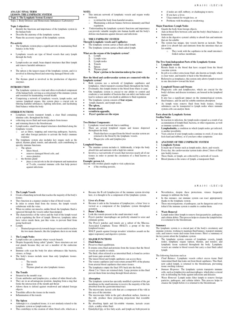Ana Lec Final Term | PDF | Lymphatic System | Hormone