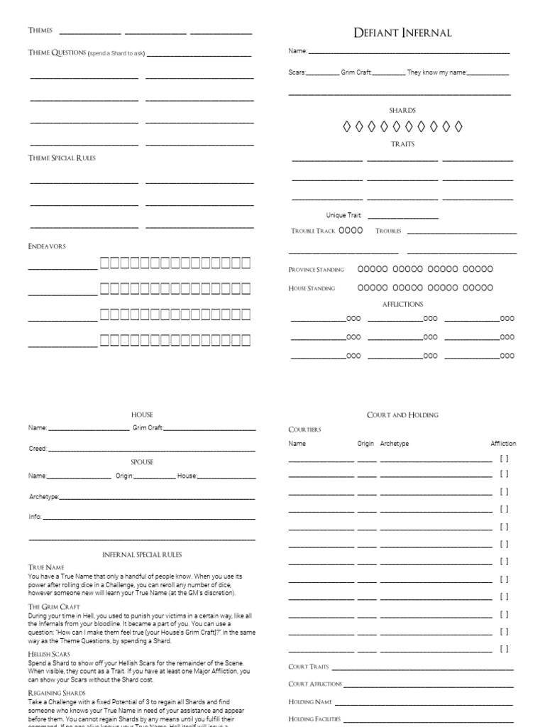 Defiant Char Sheet Infernal | PDF