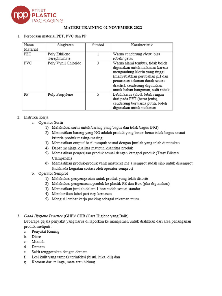 Materi Training - Operator Packing | PDF