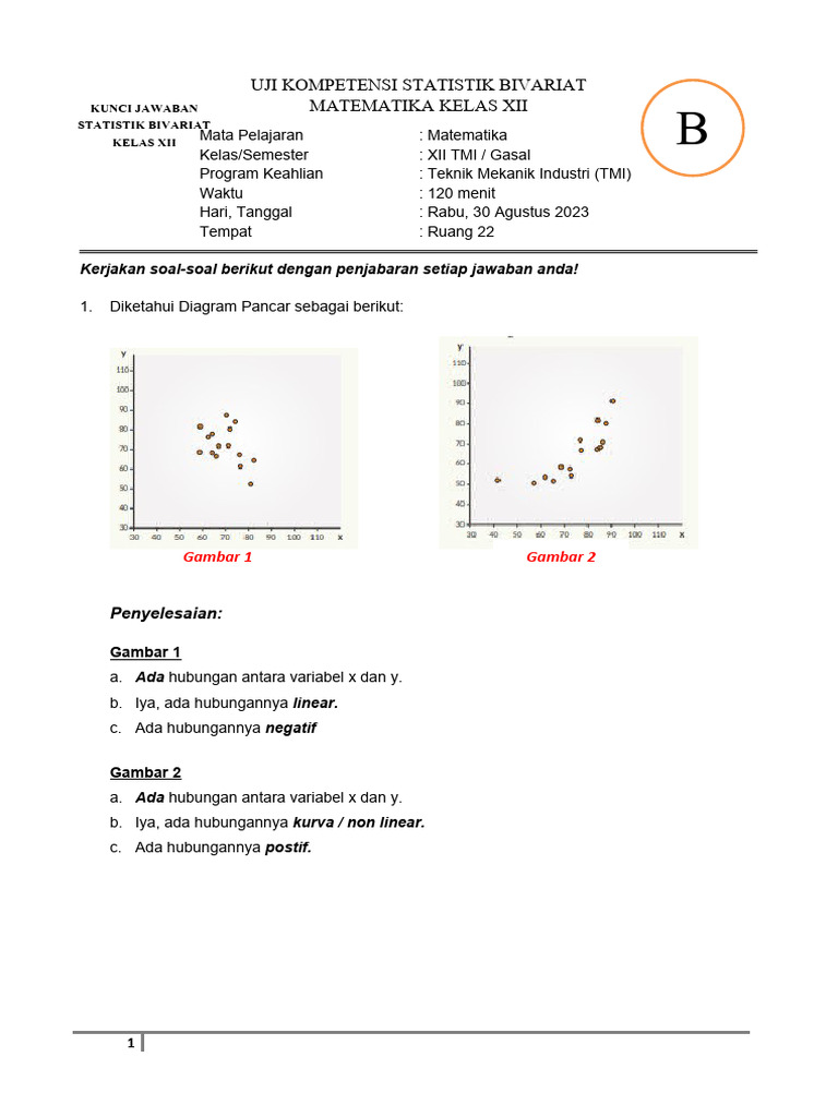 H. Kunci Jawaban Uji Kompetensi Statistik Bivariat - Ke-1 - Kode Soal-B | PDF