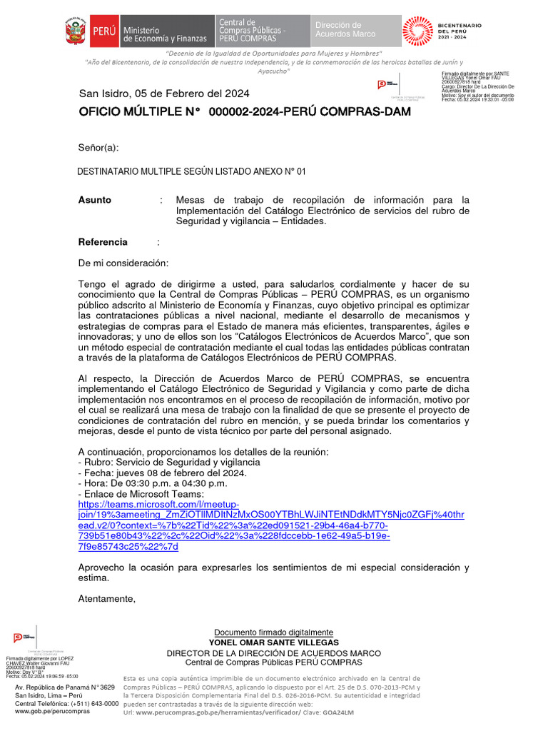 Oficio Múltiple #000002-2024-Perú Compras-Dam: San Isidro, 05 de Febrero Del 2024 | PDF