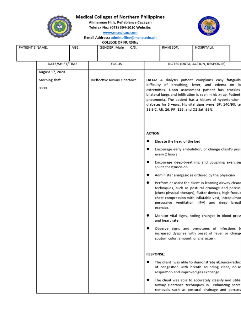 FDAR | PDF | Pneumonia | Health Care