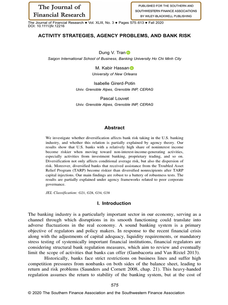 Activity Strategies, Agency Problems, and Bank Risk - Tran 2020 JFR | PDF | Banks | Income