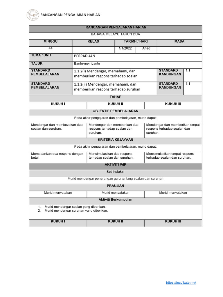 RPH Bahasa Melayu Tahun 2 | PDF