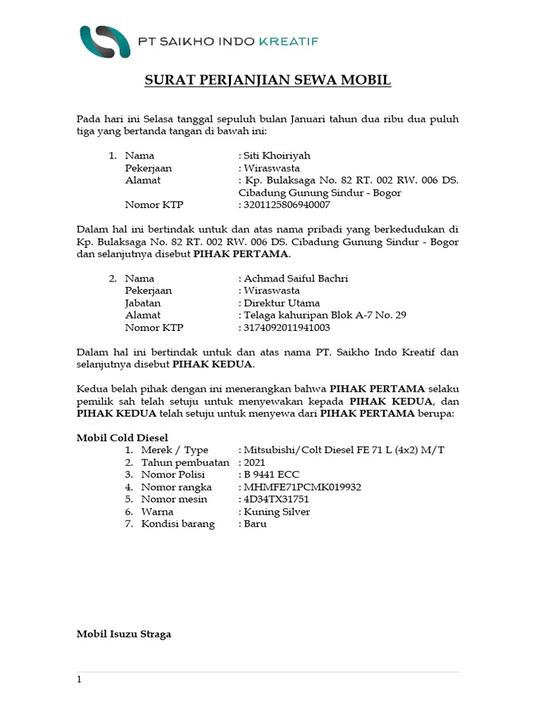 Surat Perjanjian Sewa Mobil | PDF