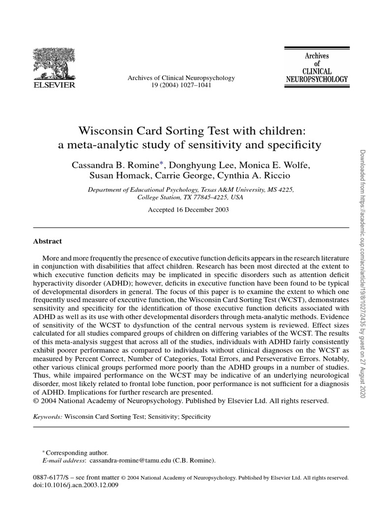 Romine Et Al. Wisconsin Card Sorting Test With Children | PDF ...