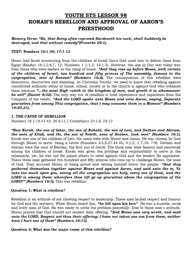 Youth STS Lesson 98 Korah's Rebellion and Approval of Aaron's Priesthood | PDF | Aaron | Book Of ...