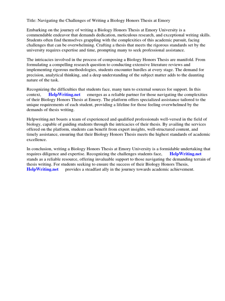 Biology Honors Thesis Emory | PDF