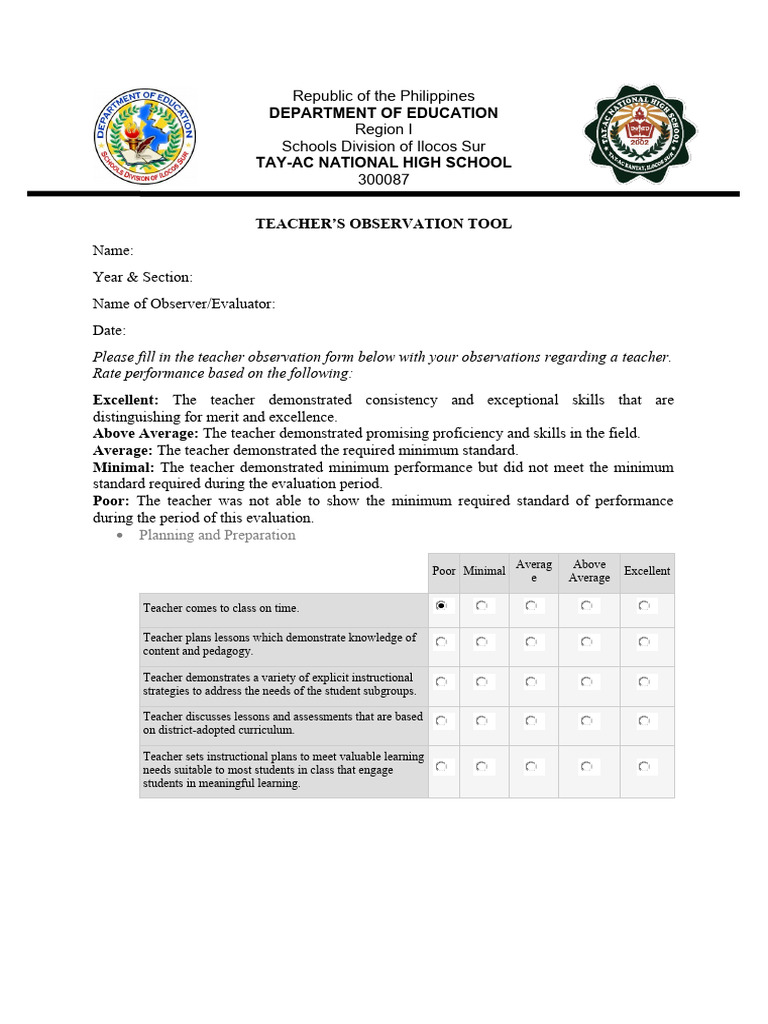 Teacher Observation Tool for Evaluation | PDF | Teachers | Learning