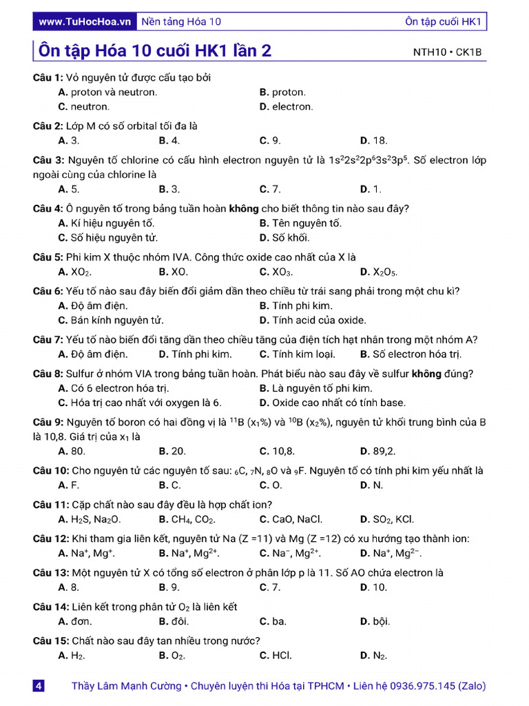 (Môn Hóa) Ôn tập cuối HK1 Hóa 10 lần 2 - Thầy LMC | PDF