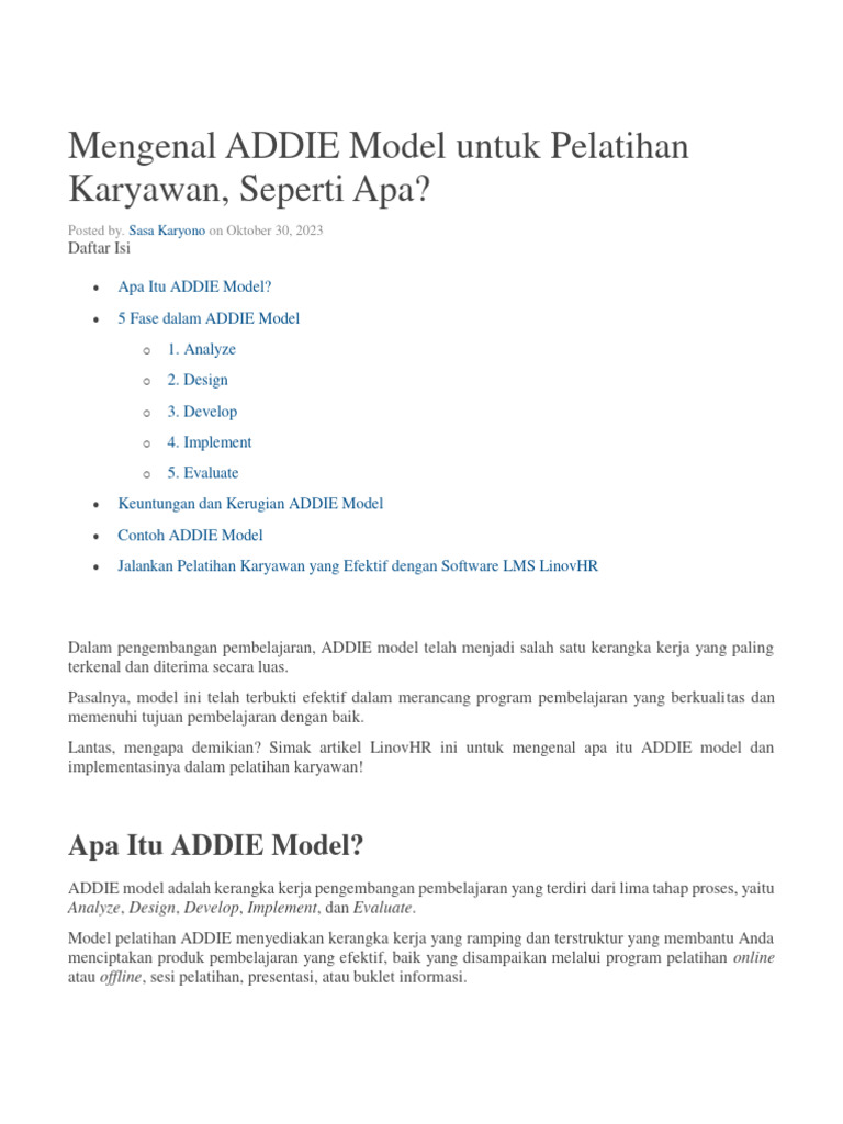 Mengenal ADDIE Model Untuk Pelatihan Karyawan, Seperti Apa | PDF | Bisnis Mengenal ADDIE Model Untuk Pelatihan Karyawan, Seperti Apa | PDF | Bisnis