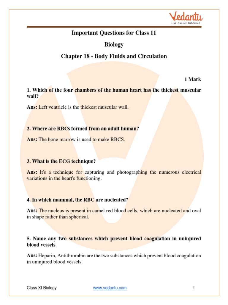 CBSE CBSE Class 11 Biology Chapter 18 - Body Fluids and Circulation Important Questions 2023-24 ...
