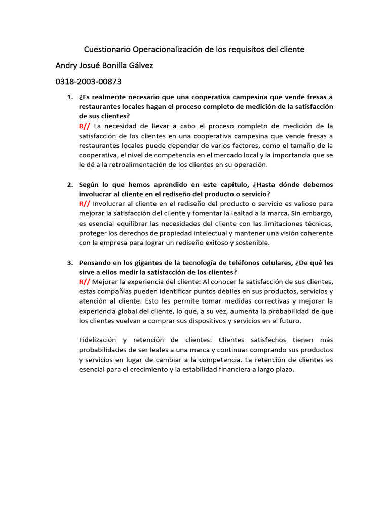 Cuestionario Operacionalización de los requisitos del cliente | PDF