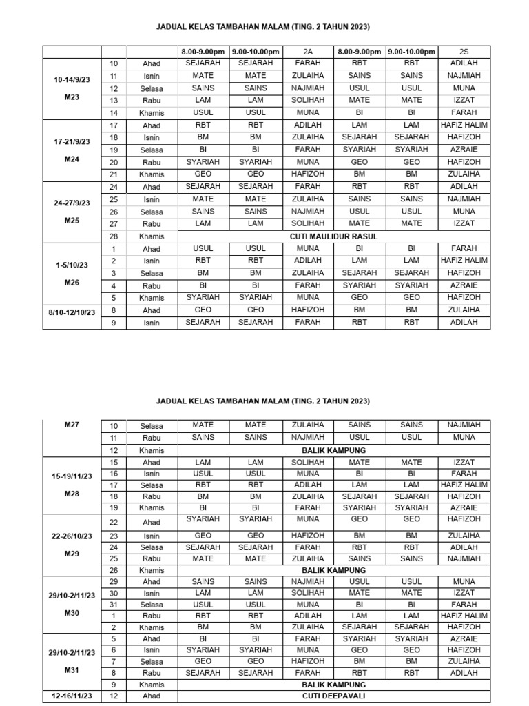 Jadual Kelas Tambahan - Ting 2 2023 | PDF