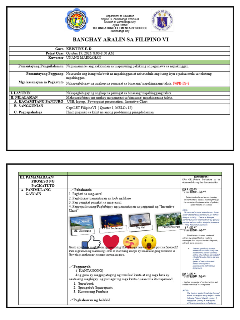Banghay Aralin Sa Filipino VI | PDF
