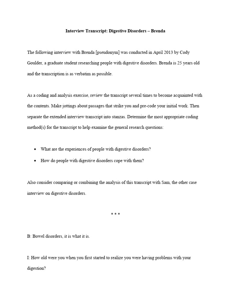 Sample Interview Transcript - Brenda | PDF | Inflammatory Bowel Disease ...