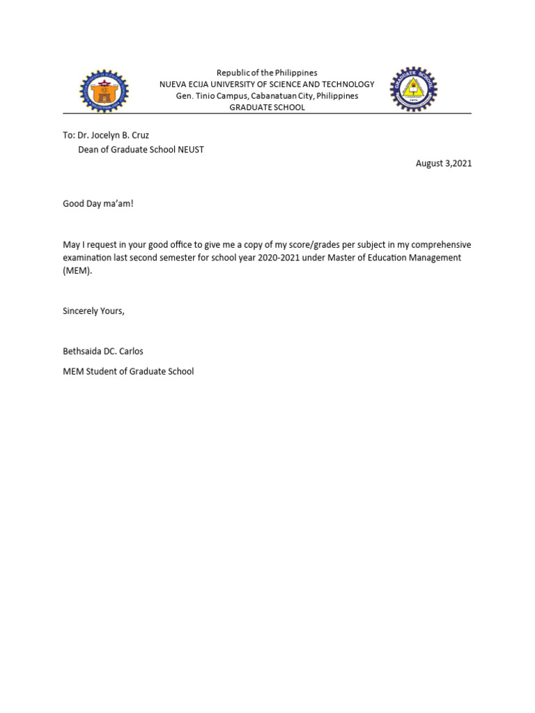 NEUST Letter of Request of Grades | PDF