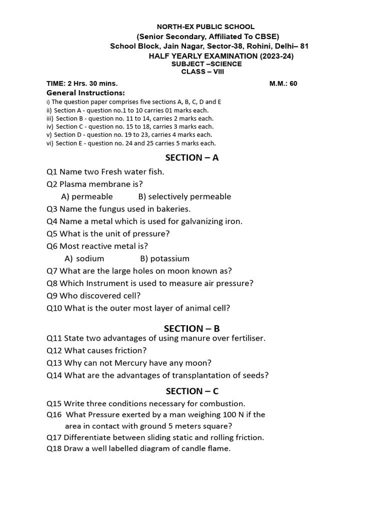 Class 8th Science Half Yearly Question Paper | PDF | Moon | Atmosphere ...