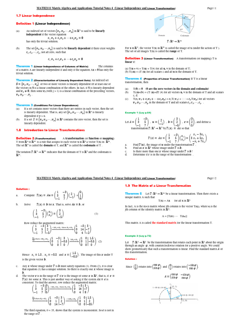 MATH 2111 Tutorial Notes 4 (Linear Independence and Linear ...