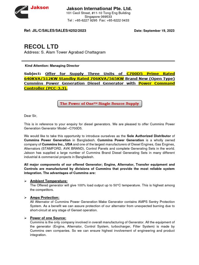 Cummins Offer For RECOL LTD - 3XC700D5 | PDF | Cummins | Engines