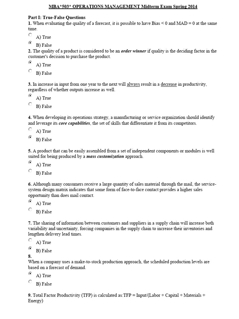 MBA Operations Management Midterm Exam 2014 | PDF
