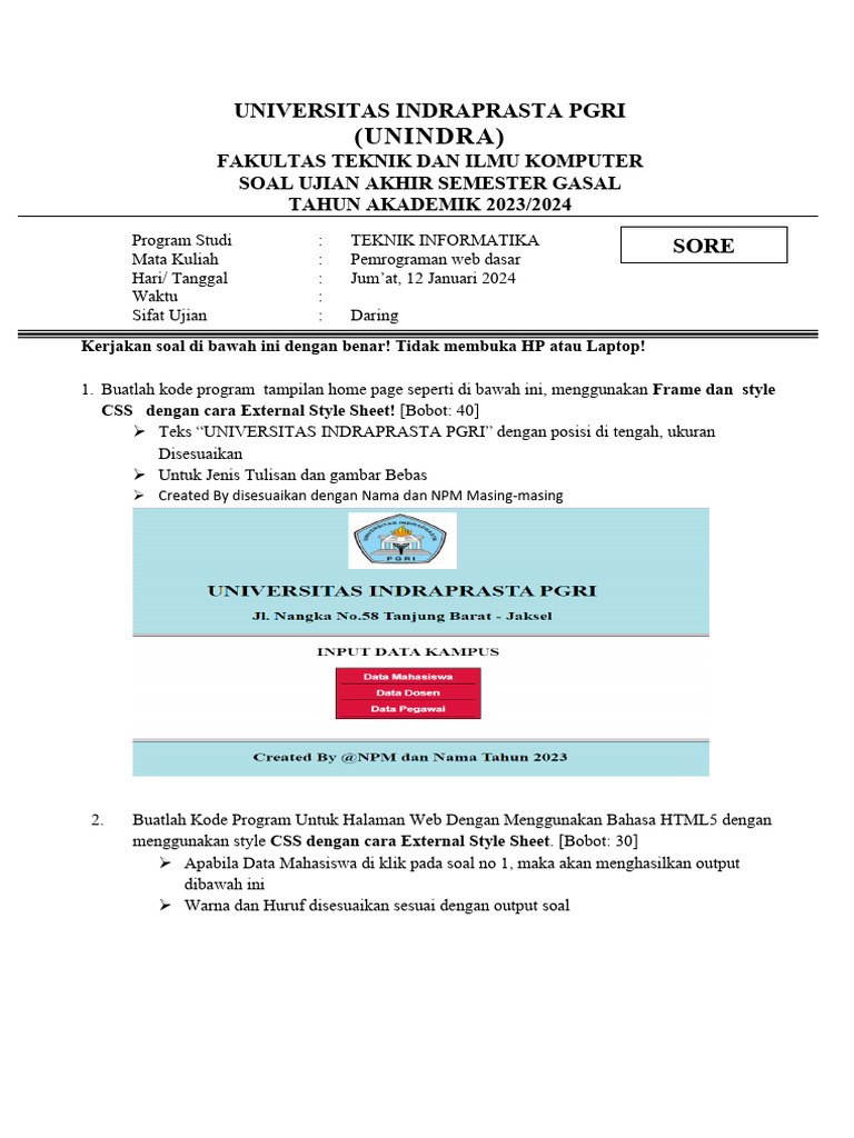 Soal UAS Pemrograman Web Dasar Sore Unindra - PWEB | PDF