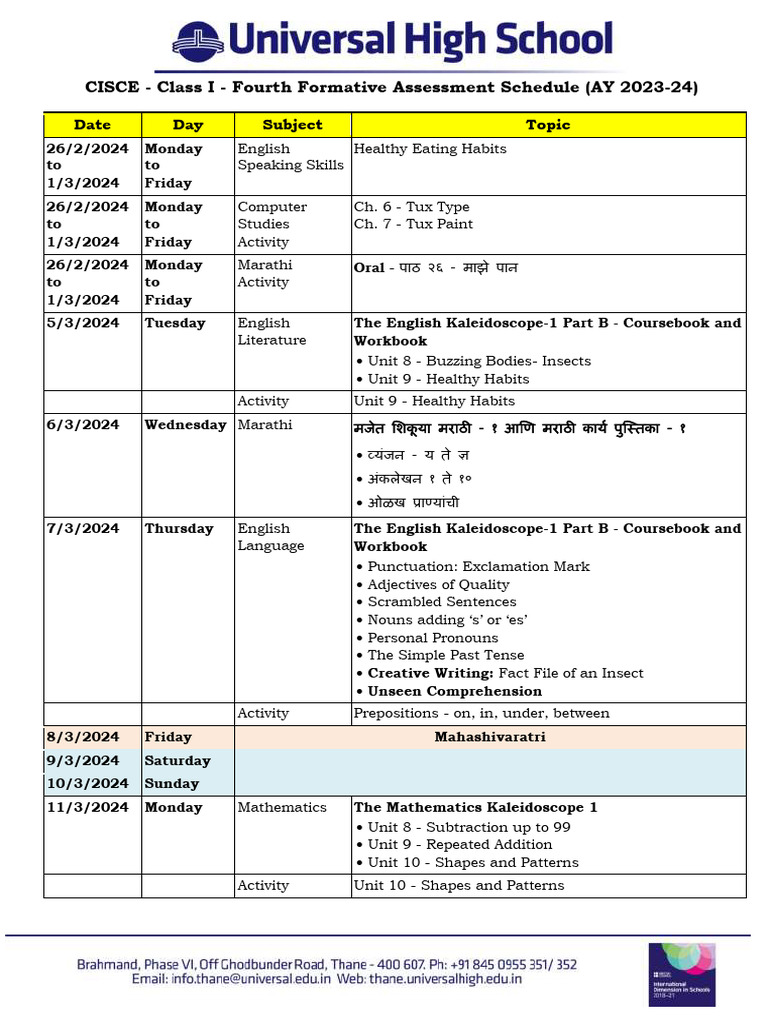 ICSE-UHT-Class I FA 4 Schedule-1 | PDF | English Language | Linguistic Typology