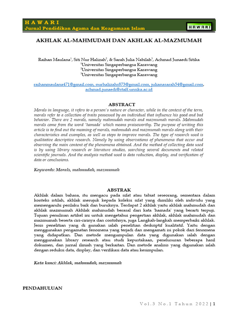 Akhlak Mahmudah, Mazmumah | PDF