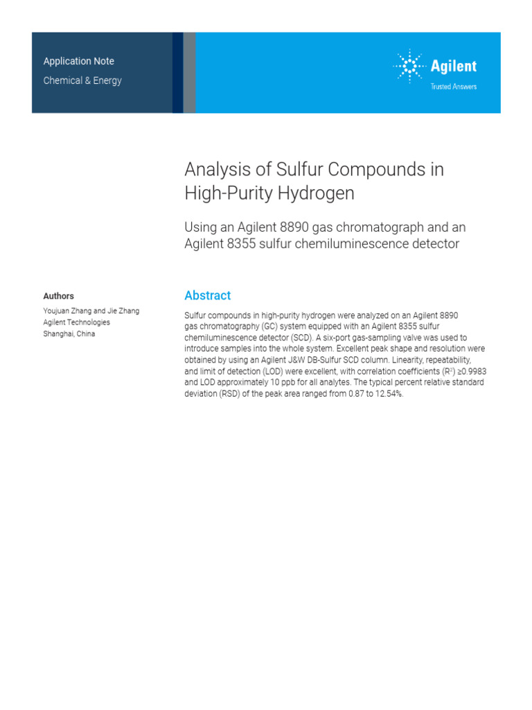 An Sulfur Compounds in Hydrogen GC SCD 5994 5864en Agilent | PDF | Gas ...