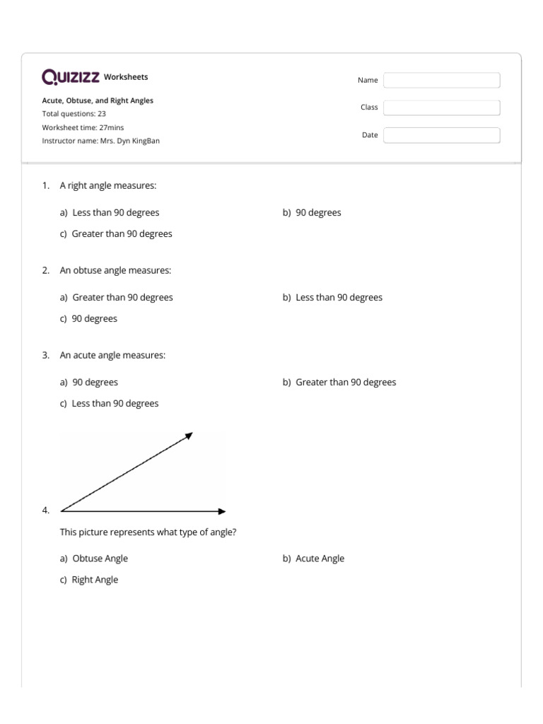 Acute, Obtuse, and Right Angles Worksheet | PDF
